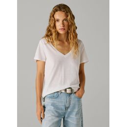 T-Shirt Pepe Jeans "MEGAN V-NECK", Damen, Gr. XS, wei&szlig;, Leinenmischung, Obermaterial: 50% Baumwolle, 50% Leinen, unifarben, h&uuml;ftlang, V-Ausschnitt, abgesteppte Kante, Shirts T-Shirt, im Materialmix mit Leinen