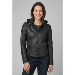 Lederjacke Mauritius "Cacey LEGV", Damen, Gr. M, grau (anthrazit), Obermaterial: 100% Schafsleder. Futter: 100% Baumwolle. Kapuze: 60% Baumwolle, 40% Polyester. &Auml;rmelfutter: 100% Polyester, unifarben, regular fit kurz, eingesetzt abgesteppt, Jacken, mti Kapuze, Rei&szlig;verschluss, Ziersteppung
