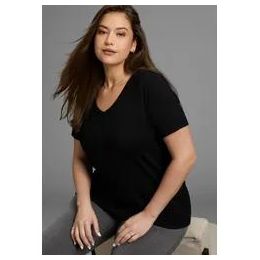 T-Shirt LAURA SCOTT CURVE, Damen, Gr. 56/58, schwarz, Jersey, Obermaterial: 94% Viskose, 6% Elasthan, unifarben, Basic, A-Linie h&uuml;ftbedeckend, V-Ausschnitt, Shirts T-Shirt, mit V-Ausschnitt aus flie&szlig;ender Viskose - GROSSE GR&Ouml;SSE