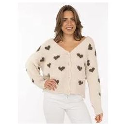 Cardigan Zwillingsherz "Herzen", Damen, hellbeige, Strick, Obermaterial: 65% Polyacryl, 17% Polyamid, 9% Wolle, 9% Viskose, mehrfarbig, bequem h&uuml;ftbedeckend, V-Ausschnitt, Rippstrickb&uuml;ndchen, Strickjacken, mit Wollanteil, Herzen und Kn&ouml;pfen