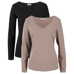 Langarmshirt bonprix "Figurbetontes Langarmshirt (2er Pack)", Damen, Gr. 36/38 (S), braun (taupe, schwarz), Jersey, Obermaterial: 95% Baumwolle, 5% Elasthan, unifarben, slim fit normal, tiefer V-Ausschnitt, Shirts Langarmshirt, Slim fit Passform, mit V-Ausschnitt, aus Baumwolle und Elasthan