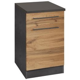 Unterschrank KOCHSTATION, B:50cm H:85cm T:60cm, braun, K&uuml;che, Schr&auml;nke, "KS-Tulsa", 50 cm breit, 1 T&uuml;r, 1 Schubkasten, schwarzer Metallgriff, MDF