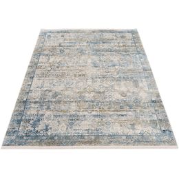 Teppich, B:67cm H:8mm L:130cm, blau, OCI DIE TEPPICHMARKE, Kunstfaser, Viskose, Wohnzimmer, Teppiche, "Tradi", Glanz Viskose, mit Fransen, Wohnzimmer