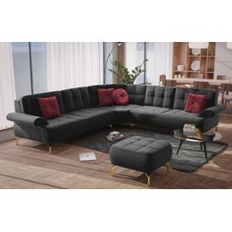 Sit & More Ecksofa SIT & MORE, B:299cm H:88cm T:279cm, schwarz, 100% Polyester, Wohnzimmer, Sofas, "Orient 1 L-Form", inkl. 4 Zierkissen mit Strass-Stein,