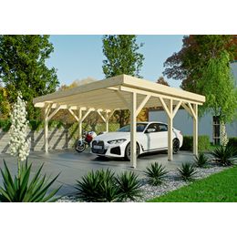 Doppelcarport Konifera, beige, Carports, "Jupiter I", Bausatz, Leimholz naturbelassen, PET-Flachdach lichtdurchl&auml;ssig