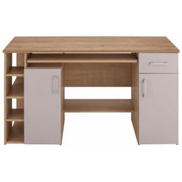 Schreibtisch, B:138cm H:74cm T:60cm, grau, VOGL M&Ouml;BELFABRIK, B&uuml;ro, Tische, "Tim mit seitlich offenen F&auml;chern & Tastaturauszug", Druckerablage, 1