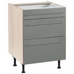Unterschrank Optifit, B:60cm H:87cm T:58,4cm, grau, K&uuml;che, Schr&auml;nke, "Bern", 60 cm breit, mit Schubkasten und 2 Ausz&uuml;gen,h&ouml;henverstellbare F&uuml;&szlig;e