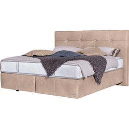 Boxspringbett Alina, B:220cm L:214cm, grau, Lederoptik HGA (100% Polyester), Komplettbetten, "Padma", Kopfteil mit Kn&ouml;pfen, in unterschiedlichen