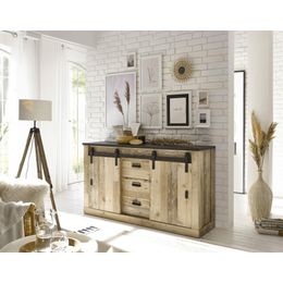 Sideboard Home Affaire, B:161cm H:91cm T:43cm, braun, Wohnzimmer, Sideboards, "SHERWOOD", Holz Dekor, mit Scheunentorbeschlag und Apothekergriffen,