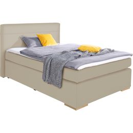 Boxspringbett Alina, B:133cm L:214cm, beige, Kunstleder TLS, Jugendzimmer, Komplettbetten, "Nikki", inklusive Matratze und Topper, F&uuml;&szlig;e Buche natur