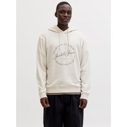 Jack & Jones JACK & JONES Herren Kapuzensweatshirt "JJGRAYSON SWEAT HOOD", beige, Gr. M, bedruckt, angeraute Sweatware, Obermaterial: 65% Polyester, 35%