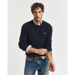 Gant Herren Strickpullover "COTTON CABLE C-NECK", blau, Basic, Gr. S, Strick, Obermaterial: 100% Baumwolle, Pullover, mit Wappen-Logostickerei auf