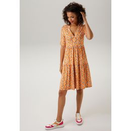Aniston CASUAL Damen Sommerkleid, bunt, Gr. 48, bedruckt, gemustert, Single Jersey, Obermaterial: 95% Viskose, 5% Elasthan, Kleider, mit