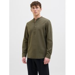 Jack & Jones JACK & JONES Herren Langarmhemd "JJESUMMER HALF PLACKET SHIRT LS SN", gr&uuml;n, Gr. S, unifarben, Web, Obermaterial: 83% Baumwolle, 17% Leinen, Hemden,