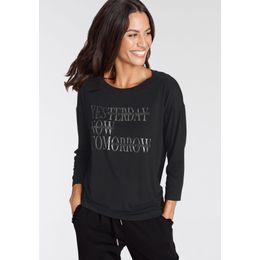 Laura Scott Damen 3/4-Arm-Shirt, schwarz, Gr. 44, bedruckt, Single Jersey, Obermaterial: 95% Viskose, 5% Elasthan, Shirts, mit glitzerndem Schriftzug
