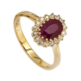 Jobo Damen Diamantring, 50, Diamanten Gelbgold 585, gelb, Diamanten, Gelbgold 585, Fingerringe, 585 Gold mit 16 Diamanten und Rubin