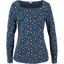 bonprix Damen Langarmshirt "Langarmshirt, bedruckt", blau, Gr. 40, bedruckt, Web, Obermaterial: 100% Baumwolle, Shirts, lockere Passform, mit