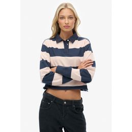 Superdry Damen Langarm-Poloshirt "ATH ESS CROPPED STRIPE RUGBY"navy, pink stripe, Gr. XL, gestreift, Single Jersey, Obermaterial: 100% Baumwolle,
