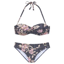 Sunseeker Damen Bandeau-Bikini, schwarz, Gr. 34, floral, Microfaser, Polyamid, Bikini-Sets, mit grafisch-floralem Muster