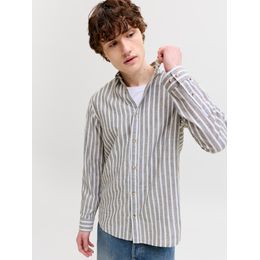 Jack & Jones JACK & JONES Herren Langarmhemd "JJESUMMER LINEN BLEND SHIRT L/S SN", grau, Gr. S, gestreift, Web, Obermaterial: 70% Baumwolle, 30% Leinen, Hemden,