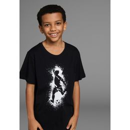 Kidsworld Jungen T-Shirt "Mit l&auml;ssigem FUSSBALLER - Druck", schwarz, Gr. 164, bedruckt, Jersey, Obermaterial: 100% Baumwolle, Shirts, Kurzarm,