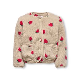 Fleecejacke KIDS Only "KMGHOKY L/S TEDDY JACKET OTW NOOS", M&auml;dchen, Gr. 104, silber mink aop:strawberry, lining barbados cherry, Fleece, Obermaterial: 100% Polyester, bedruckt, figurumspielend normal, Rundhals, eingefasste Kante, Jacken Fleecejacke