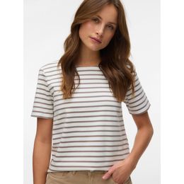 V&eacute;ro Moda VERO MODA Damen Rundhalsshirt "VMABBY SS ZIP TOP JRS NOOS", beige, Gr. L, gestreift, Jersey, Obermaterial: 77% Polyester, 19% Viskose, 4% Elasthan,