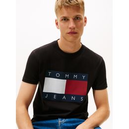 Tommy Jeans Herren T-Shirt, schwarz, Gr. L, bedruckt, unifarben, Single Jersey, Obermaterial: 100% Baumwolle, Shirts, Rundhalsausschnitt, Regular