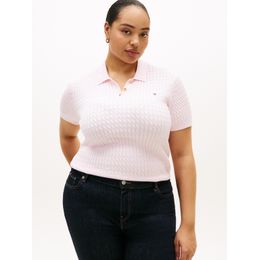 Polokragenpullover Tommy Hilfiger Curve "CRV CO CABLE FINE GG POLO S/S", Damen, Gr. 52, light pink, Strick, Obermaterial: 100% Baumwolle, Zopfmuster, regular fit normal, ohne Ausschnitt, Rippb&uuml;ndchen, Pullover, in gro&szlig;en Gr&ouml;&szlig;en, mit Zopfmuster