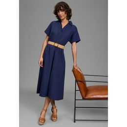 Laura Scott Damen Hemdblusenkleiddunkleblau, Gr. 42, unifarben, Web, Obermaterial: 100% Baumwolle, Kleider, wadenlang, feminin, f&uuml;r vielseitige