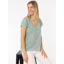 Zwillingsherz Damen T-Shirt ""Positive Mind"", gr&uuml;n, Gr. SM, Stoff, Obermaterial: 100% Baumwolle, Shirts, V-Ausschnitt, Kurzarm, Used-Look,