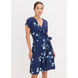 bonprix Jerseykleid in Wickeloptik, blau, Gr.52/54 (XXL), Figurumspielendes Kleid mit Allover-Print und Bindeg&uuml;rtel