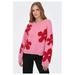 Strickpullover Only "ONLBOOTLE LIFE LS FLOWER O-NECK KNT", Damen, Gr. L, wild rose detail:salsa, Strick, Obermaterial: 100% Polyester, gemustert, regular fit normal, Rundhals, Rippb&uuml;ndchen, Pullover Strickpullover