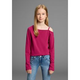 Langarmshirt Kidsworld "Off-Shoulder Shirt", M&auml;dchen, Gr. 152/158, rot (bordeaux), Single Jersey, Obermaterial: 95% Baumwolle, 5% Elasthan, unifarben, figurbetont h&uuml;ftlang, asymmetrischer Ausschnitt, Shirts Langarmshirt, Mit modischer Schulterl&ouml;sung