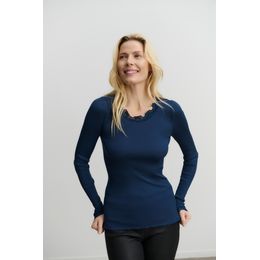 Longsleeve rosemunde "Babette silk shirt", Damen, Gr. XS, blau (petrol), Strick, Obermaterial: 70% Seide, 30% Baumwolle, unifarben, figurbetont h&uuml;ftlang, Rundhals, gewellter Abschluss, Shirts Longsleeve, Langarm, mit Spitze, feminin, bequem, Seidenmix