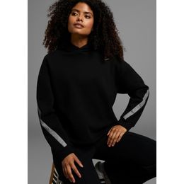 Kapuzensweatshirt FAYN SPORTS, Damen, Gr. 44/46, schwarz, Sweatware, Obermaterial: 60% Baumwolle, 40% Polyester. Kapuzenfutter: 100% Baumwolle, aufgeraut, unifarben, oversize, Sweatshirts Kapuzensweatshirt, Weiches oversized Sweatshirt mit Reflektorstreifen und Kapuze.