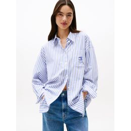 Hemdbluse Tommy Jeans "TJW OVS BADGE STRIPE SHIRT", Damen, Gr. S (36), vintage iris, Web, Obermaterial: 100% Baumwolle, gestreift, regular fit normal, Blusen Hemdbluse