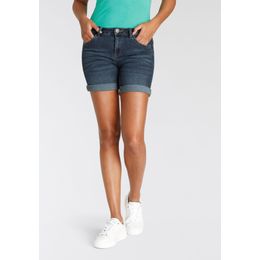 Jeansshorts Arizona "Ultra-Stretch", Damen, Gr. 34, N-Gr, blau (dunkelblau us), Jeans, Obermaterial: 74% Baumwolle, 24% Polyester, 2% Elasthan, Basic, extraeng kurz, Jeans Jeansshorts, extra eng geschnitten, krempelbare Beinabschl&uuml;sse