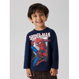 Langarmshirt name it "NMMJUICE SPIDER NREG LS TOP NOOS MAR", Jungen, Gr. 86, blau (navy blazer), Jersey, Obermaterial: 95% Baumwolle, 5% Elasthan, bedruckt, normal normal, Rundhals, Shirts Langarmshirt