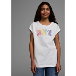 T-Shirt Kidsworld "Mit Print: HOPE", M&auml;dchen, Gr. 128/134, wei&szlig;, Single Jersey, Obermaterial: 100% Baumwolle, bedruckt, bequem h&uuml;ftbedeckend, Rundhals, Aufschlag, Shirts T-Shirt, Kurzarm, bequeme Passform, mit Print, Rundhalsausschnitt