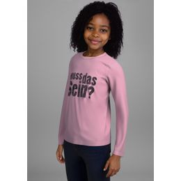 Langarmshirt Kidsworld "Spruch: MUSS DAS SEIN", M&auml;dchen, Gr. 140/146, rosa, Single Jersey, Obermaterial: 100% Baumwolle, bedruckt, Basic h&uuml;ftlang, Rundhals, Shirts Langarmshirt, L&auml;ssiger Spr&uuml;che-Print