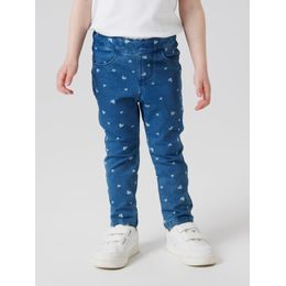 Leggings name it "NMFSALLI SLIM DNM LEGGING 2352-VB NOOS", M&auml;dchen, Gr. 86, N-Gr, blau (medium blau denim aop:heart), Sweatware, Obermaterial: 70% Baumwolle, 25% Polyester, 5% Elasthan, bedruckt, slim fit kn&ouml;chellang, Hosen Leggings