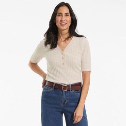 LANDS' END Rippstrick-Henleyshirt mit halblangen &Auml;rmeln, Damen,  Beige, Elasthan/Baumwoll-Mischung/Polyester-Mischung, by Lands' End