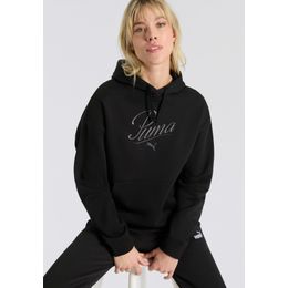 Kapuzensweatshirt Puma "ESS SCRIPT COMFORT HOODIE FL", Damen, Gr. S, schwarz (Puma schwarz), Fleece, Obermaterial: 68% Baumwolle, 32% Polyester, bedruckt, comfort fit normal, Rundhals, angesetztes B&uuml;ndchen, Sweatshirts, mit K&auml;ngurutasche, mit Print-Applikation, mit Rundhalsausschnitt