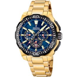 Chronograph Festina "Chrono Bike 2025", gold (goldfarben, dunkelblau), Armbanduhren, Damen, Chronograph, Quarzuhr, Armbanduhr, Herrenuhr, Edelstahlarmband, analog, Tag
