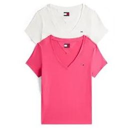 Tommy Hilfiger T-Shirt TOMMY JEANS "TJW 2PACK V-NECK TEE", Damen, Gr. XL (42), ecru, jewel pink, Jersey, Obermaterial: 100% Baumwolle, gestreift, regular fit h&uuml;ftlang, V-Ausschnitt, abgesteppt, Shirts T-Shirt, mit Logostickerei