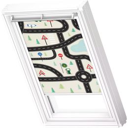 Verdunklungsrollo Velux "DKL 4655SWL, Motiv: Kids Stra&szlig;en", wei&szlig; (kids stra&szlig;en, wei&szlig;), FK06, stufenlos positionierbar, Polyester, Rollos, Verdunklungsrollo, wei&szlig;e F&uuml;hrungsschienen & Griffleiste