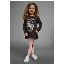 Langarmshirt & Leggings Kidsworld "2tlg. Set Shirt + Leggings mit Glitzerdetails", M&auml;dchen, Gr. 128/134, rosa (rosa, anthrazit), Jersey, Obermaterial: 100% Baumwolle. Unterteil: 95% Baumwolle, 5% Elasthan, bedruckt, mehrfarbig, KOB Set-Artikel, niedlicher Schmetterling f&uuml;r kleine M&auml;dchen