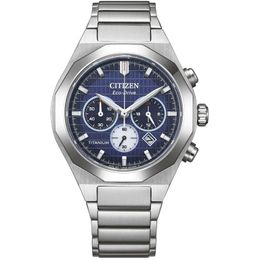 Chronograph Citizen, silber (titansilberfarben, dunkelblau), Armbanduhren, Herren, Chronograph, Armbanduhr, Solar, Titan, Herrenuhr, analog, Tag, Stoppfunktion