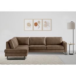 Ecksofa Home Affaire "Pinto, 290 cm, Cord, Chenille, Lederoptik, Ottomane links / rechts", braun, B:290cm H:85cm T:217cm, Luxus-Microfaser in Lederoptik (100% Polyester);Cord (92% Polyester, 8% Polyamide), Sofas, Ecksofa, mit Keder, schwarze Metallf&uuml;&szlig;e, Wellenunterfederung